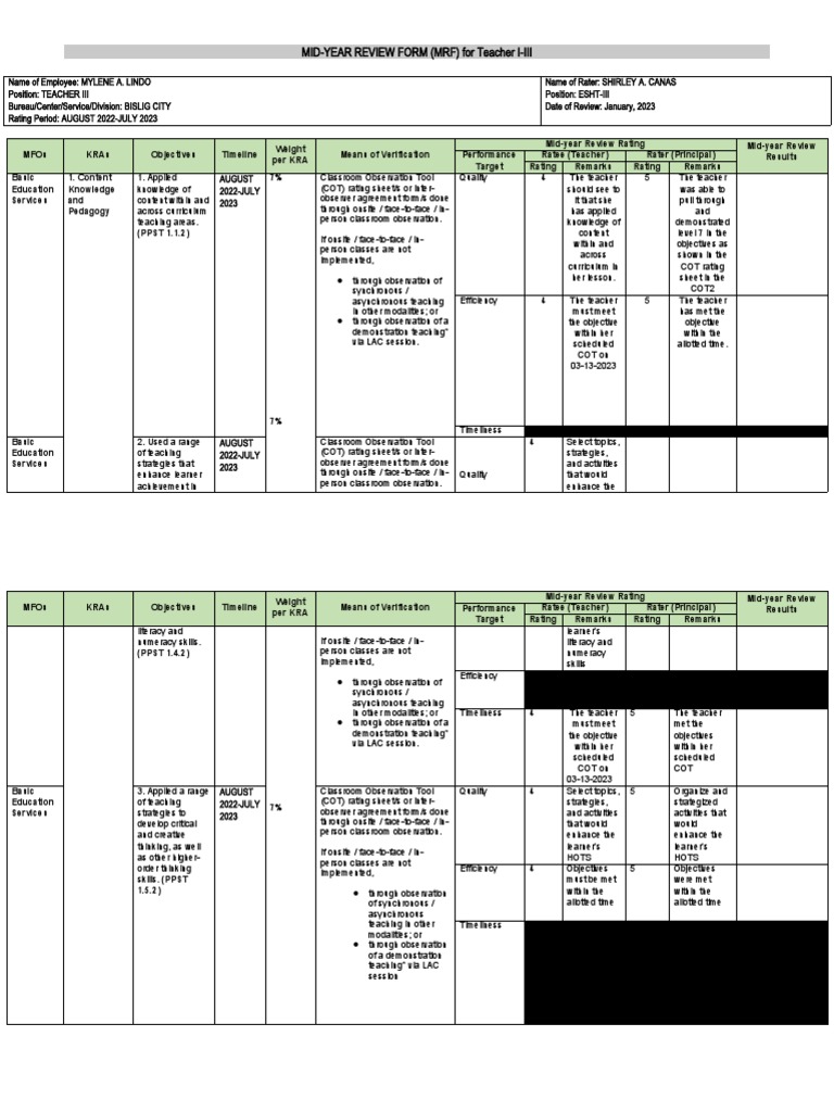 MID YEAR REVIEW FORM 2023 Mylene | PDF | Teachers | Learning