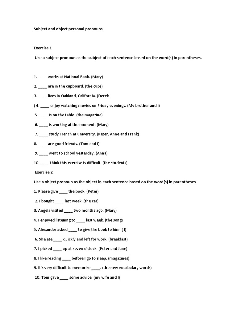 Subject and Object Personal Pronouns | PDF