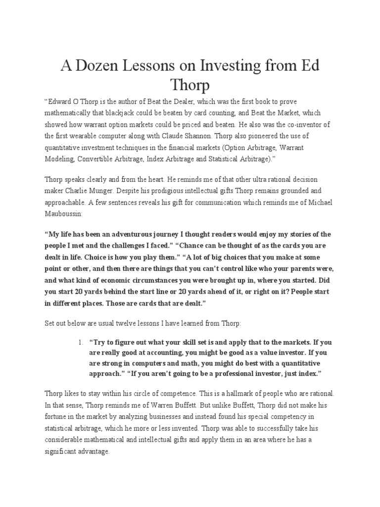 A Dozen Lessons On Investing From Ed Thorp | PDF | Hedge Fund | Investing