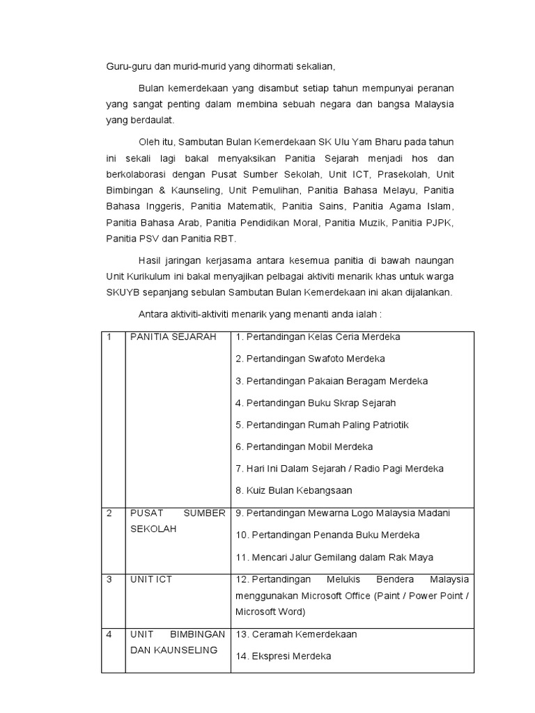 Senarai Aktiviti Bulan Kemerdekaan Skuyb 2023 | PDF