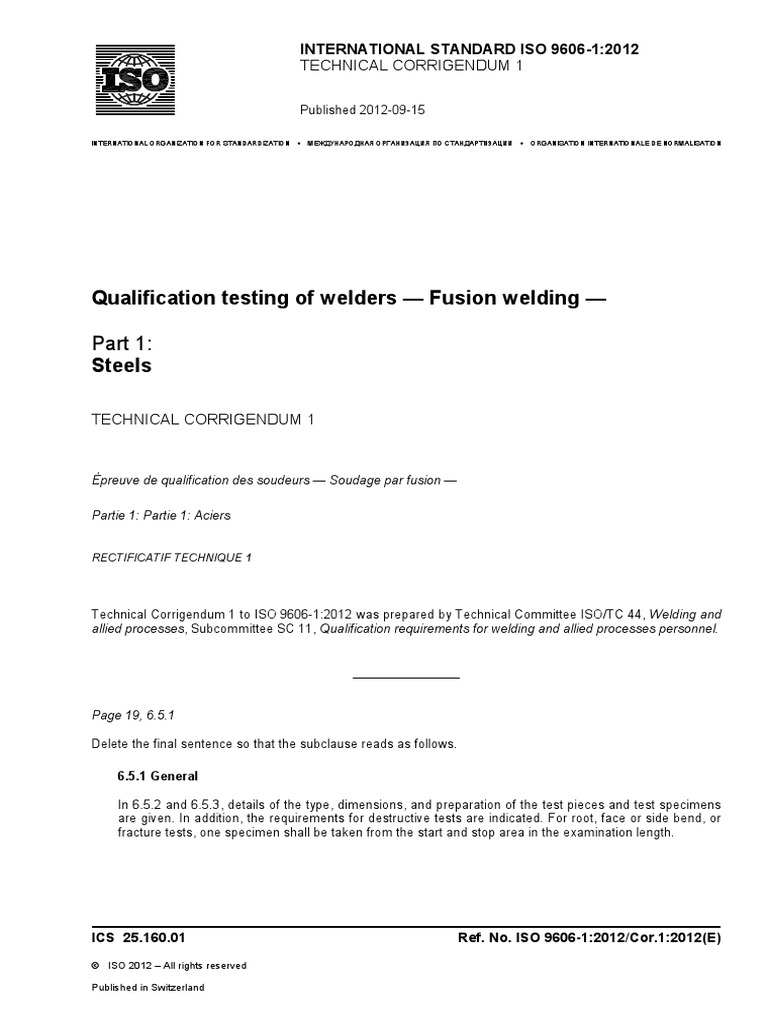 ISO 9606-1 2012 CORRIGENDUM 1 2012 Qualification Testing of Welders ...