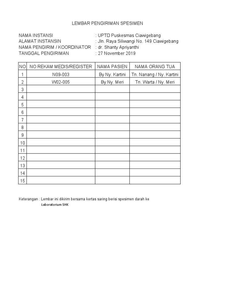 Keterangan: Lembar Ini Dikirim Bersama Kertas Saring Berisi Spesimen ...