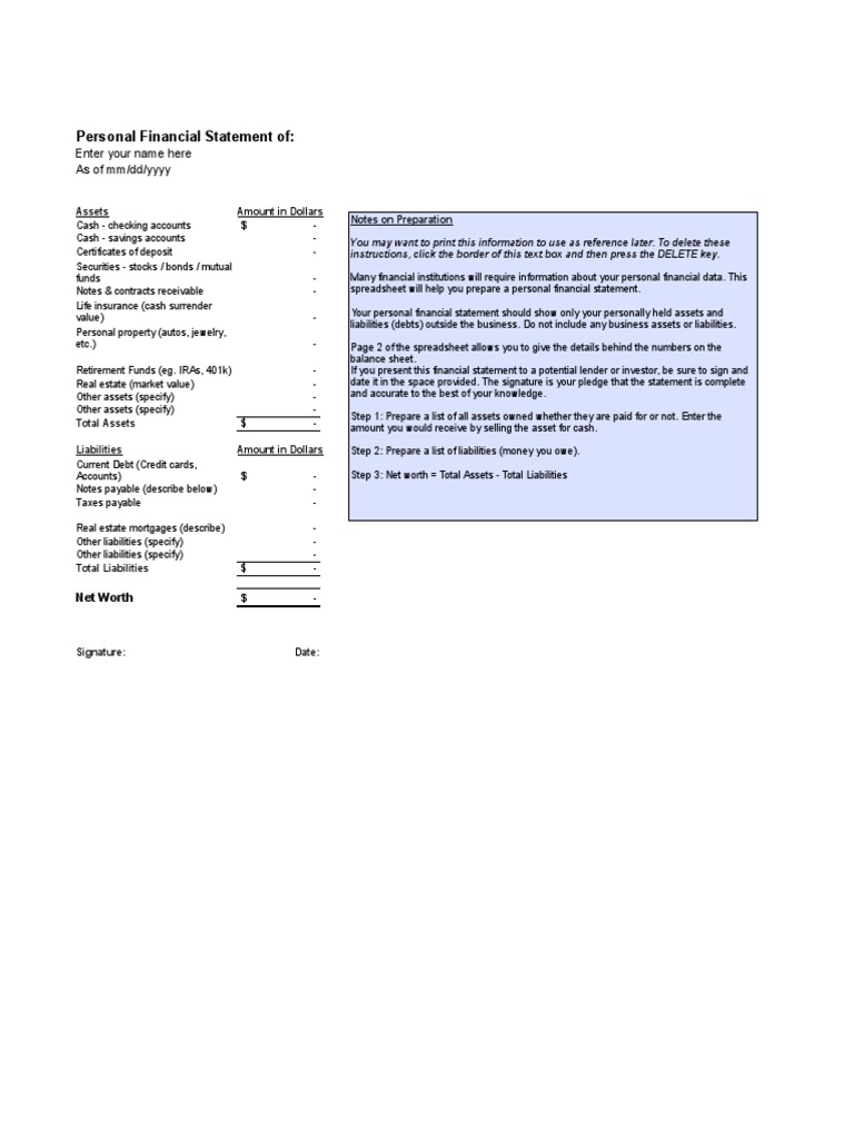 Personal Financial Statement | PDF | Mortgage Loan | Securities (Finance)