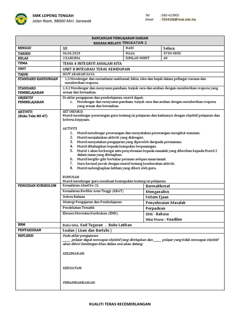Tingkatan 2 10 Selasa Tema 4 Integriti Amalan Kita Unit 8 Integrasi ...