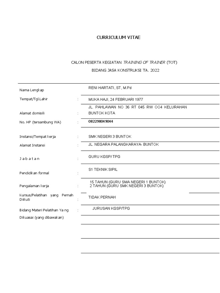 CV Calon Peserta TOT TA.2022 | PDF