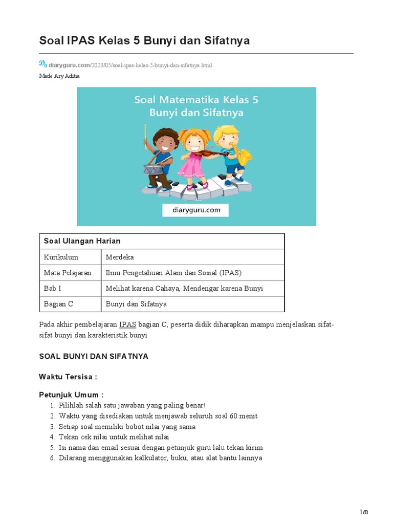 Soal IPAS Kelas 5 Bunyi Dan Sifatnya | PDF