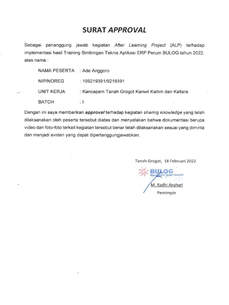 Surat Approval Ade Anggoro | PDF