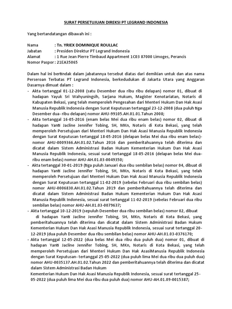 Surat Persetujuan Direksi PT Legrand Indonesia | PDF
