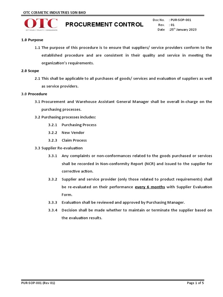 PUR-SOP-001 PROCUREMENT CONTROL | PDF | Procurement | Systems Engineering