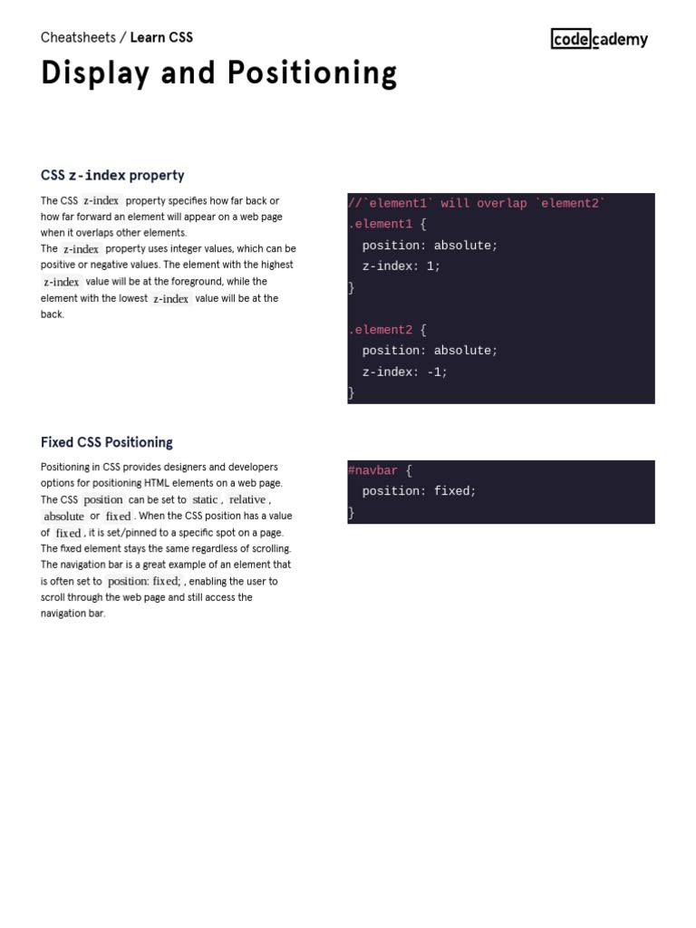 Learn CSS - Codecademy - Cheatsheet - Display and Positioning | PDF ... Learn CSS - Codecademy - Cheatsheet - Display and Positioning | PDF ...