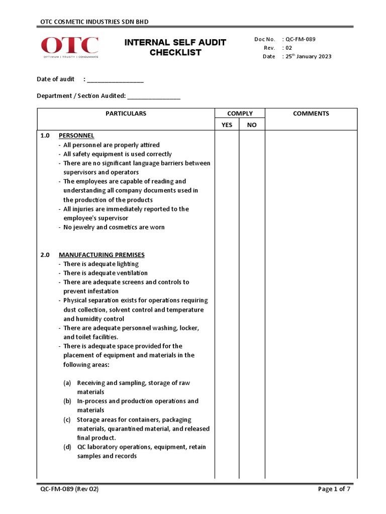 QC-FM-089-02 Internal Self Audit Checklist | PDF | Packaging And ...