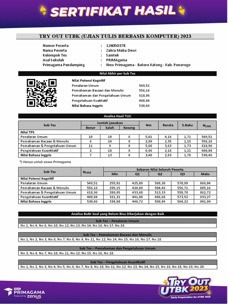 Sertifikat Hasil TO UTBK 2023 - Saintek - TPS | PDF