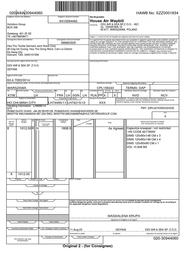 Original 2 - (For Consignee) - HAWB No - SZZ0001834 | PDF | Common ...