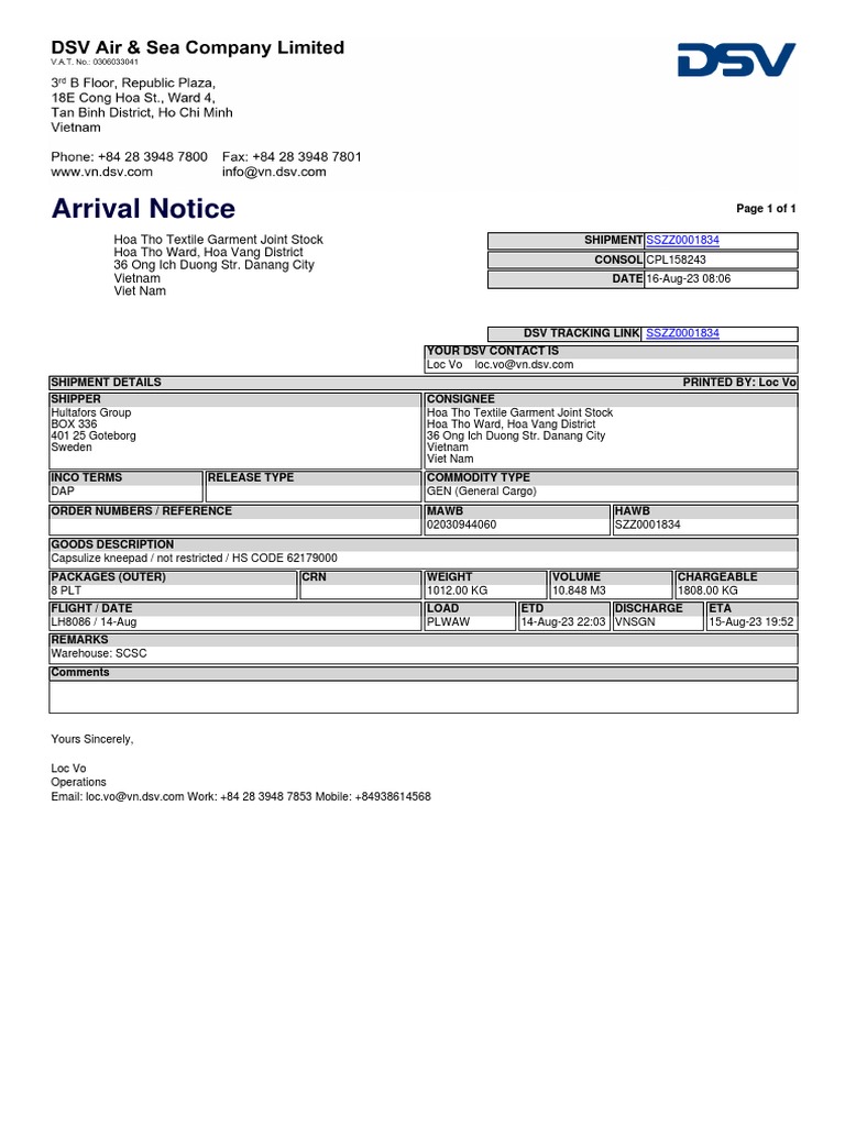 Arrival Notice - SSZZ0001834 | Download Free PDF | Consumer Goods ...