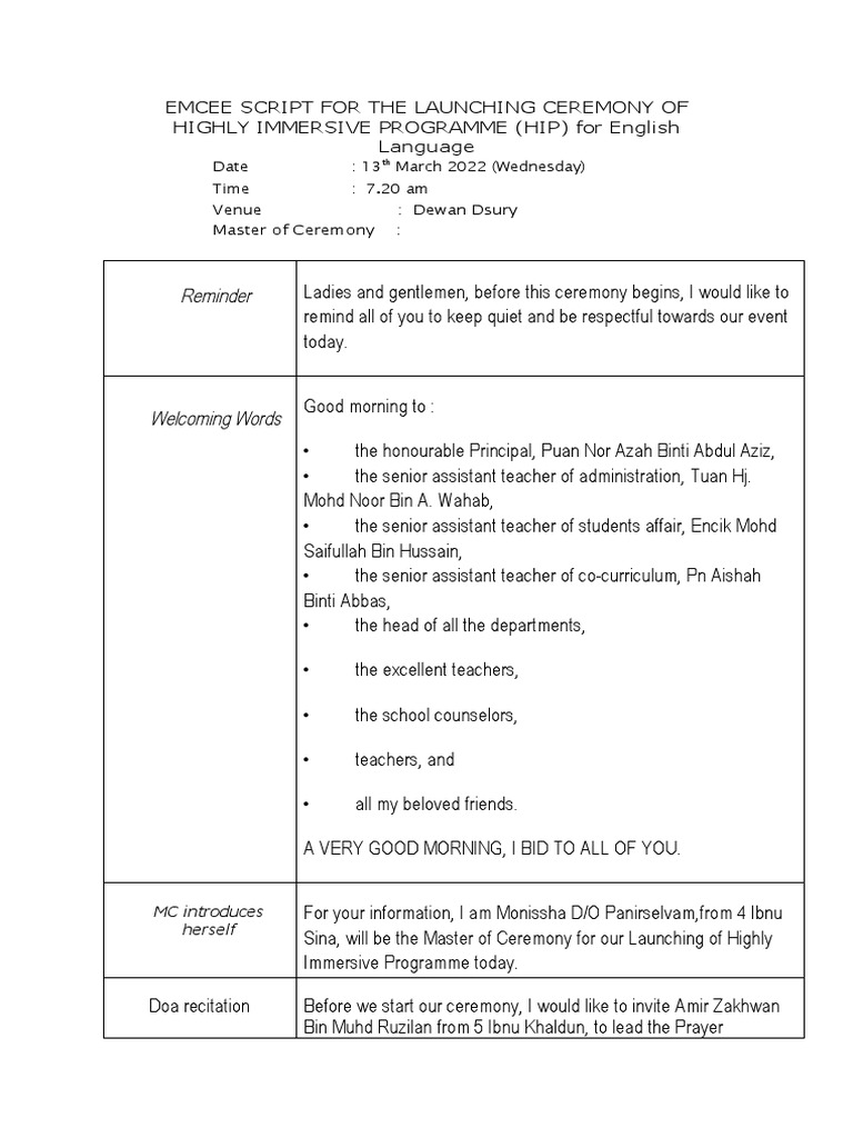 Emcee Script for HIP Launch Ceremony | PDF | Meetings | Rituals