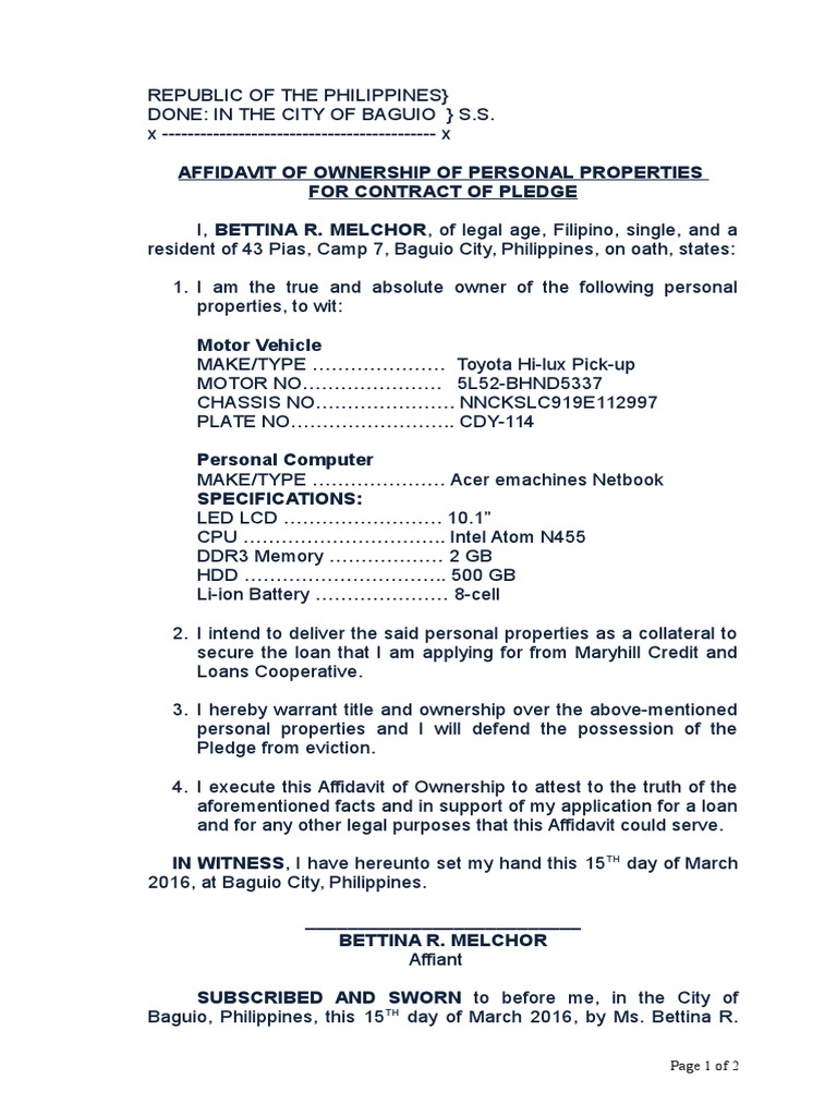 Affidavit of Ownership of Personal Properties For Contract of Pledge | PDF