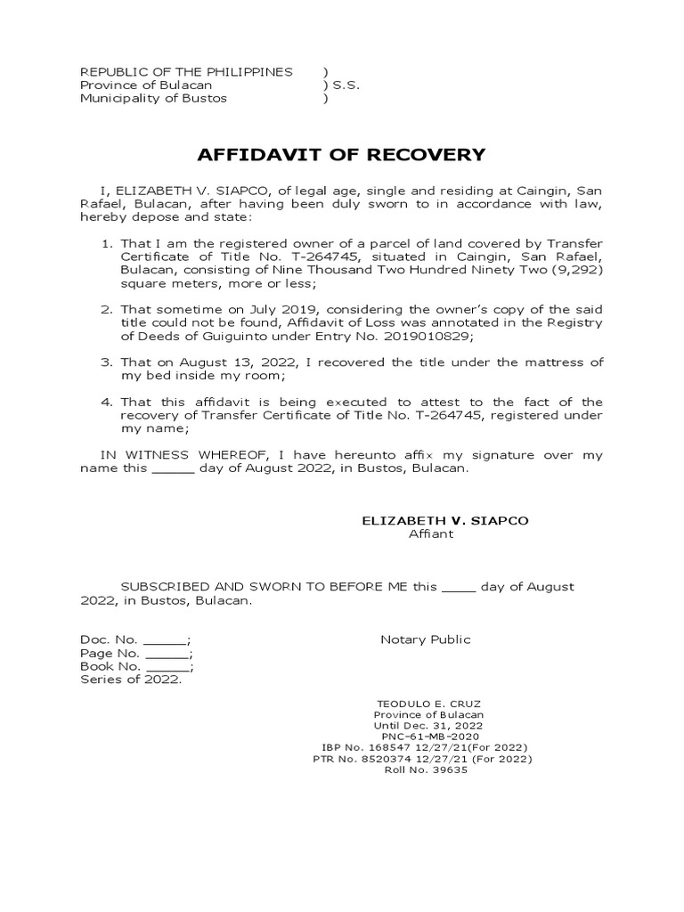 Affidavit of Recovery by Siapco | PDF