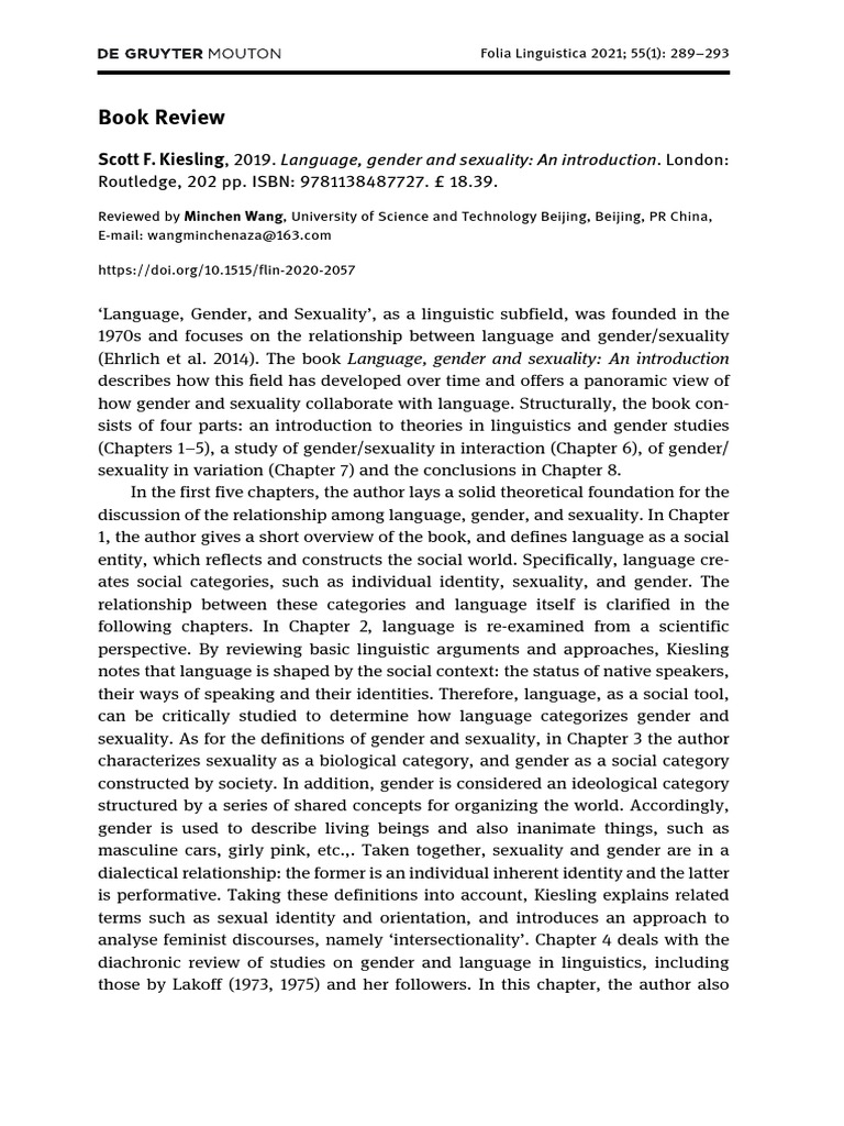 Scott F Kiesling 2019 Language Gender And Sexuality An Introduction