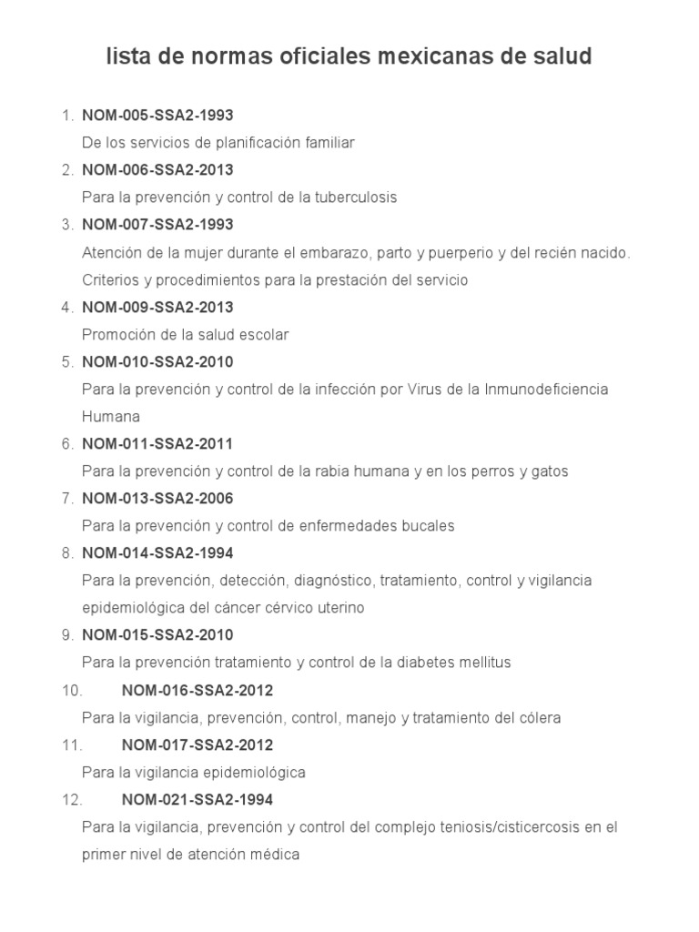 Lista de Normas Oficiales Mexicanas de Salud | PDF | Especialidades ...