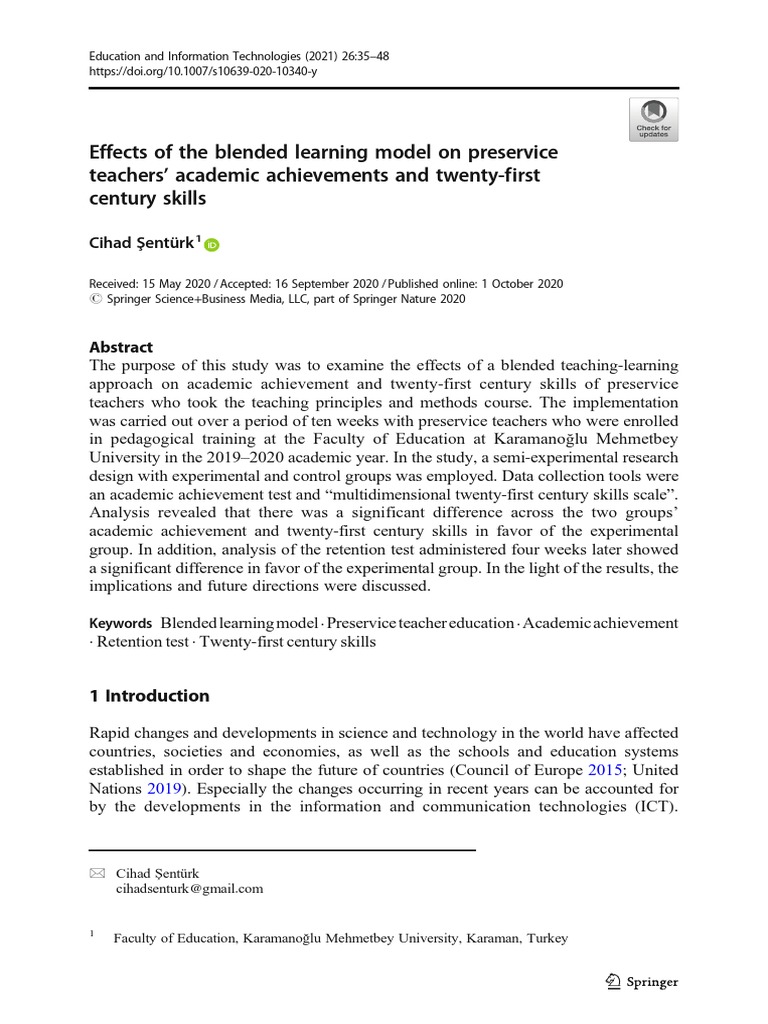 Effects of The Blended Learning Model On Preservice Teachers ' Academic Achievements and Twenty ...
