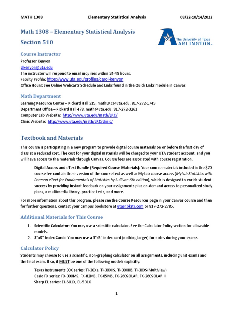 2022 Fall - 2228 Math 1308 510 | PDF | Statistics | Textbook
