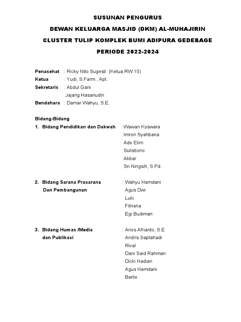 Susunan Pengurus DKM Al Muhajirin Cluster Tulip | PDF