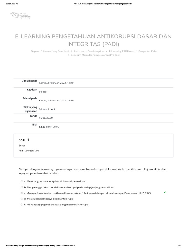 E-Learning Pengetahuan Antikorupsi Dasar Dan Integritas (Padi) | PDF