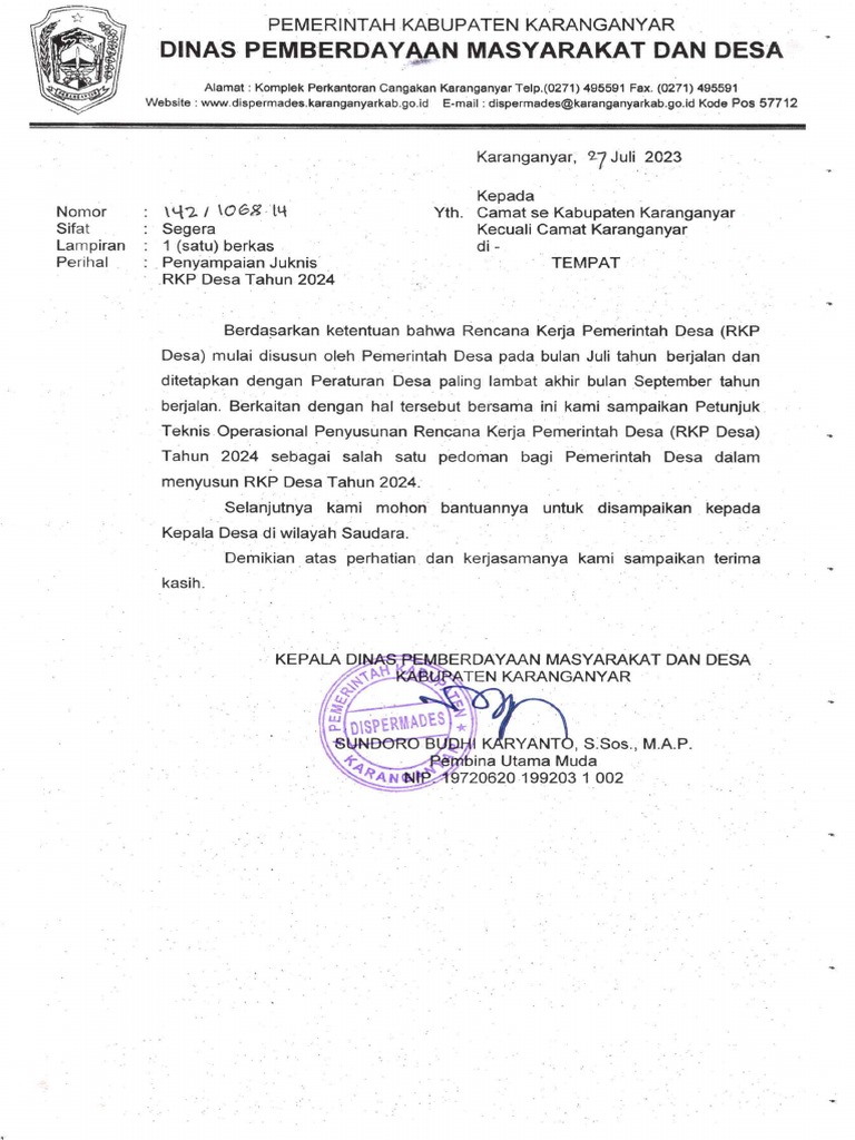 Surat Penyampaian Juknis RKP Desa 2024 | PDF
