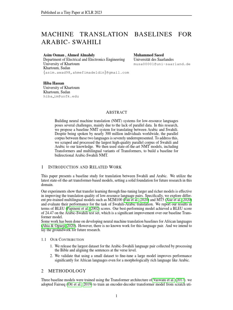 Machine Translation Baselines For Arabic Swahili | PDF | Applied ...