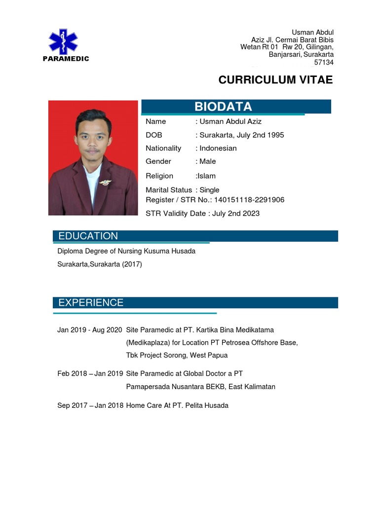 CV & Lampiran Usman Abdul Aziz 2022 | PDF | Paramedic | Health Sciences