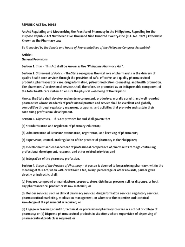 REPUBLIC ACT No 10918 Sec. 1-5 | PDF | Pharmacist | Pharmacy