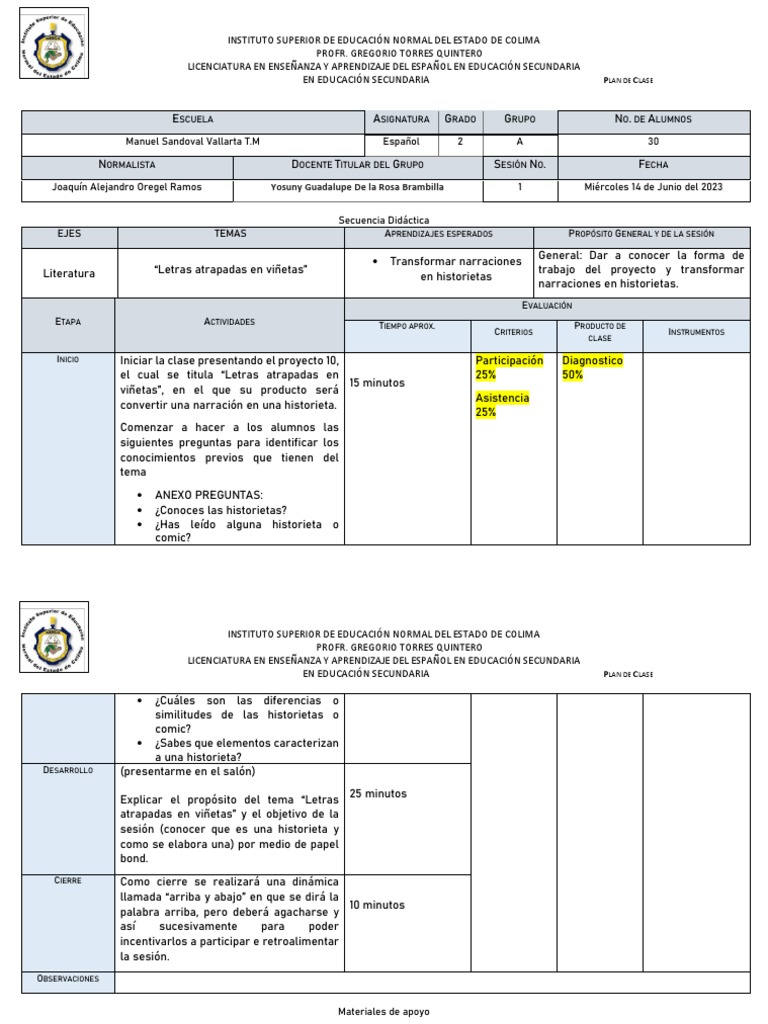 Planeación Letras Atrapadas en Viñetas 2do Chido | PDF | Evaluación ...