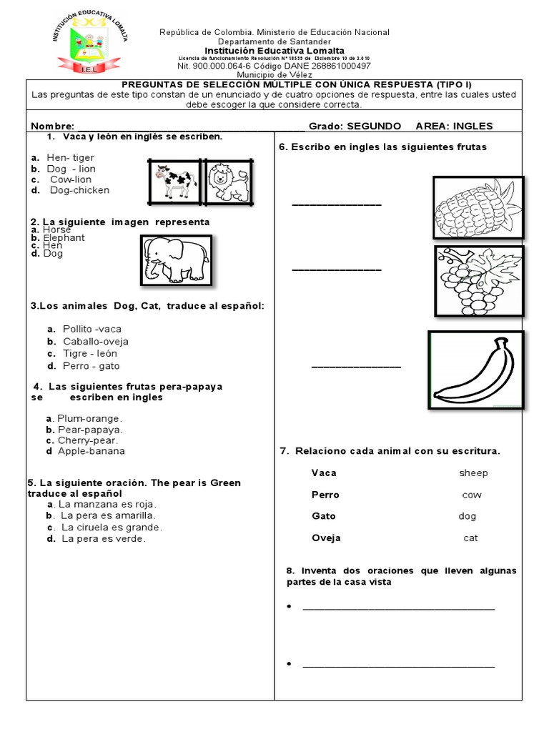 Evaluacion de Ingles Grado Segundo Iii Periodo | PDF Evaluacion de Ingles Grado Segundo Iii Periodo | PDF