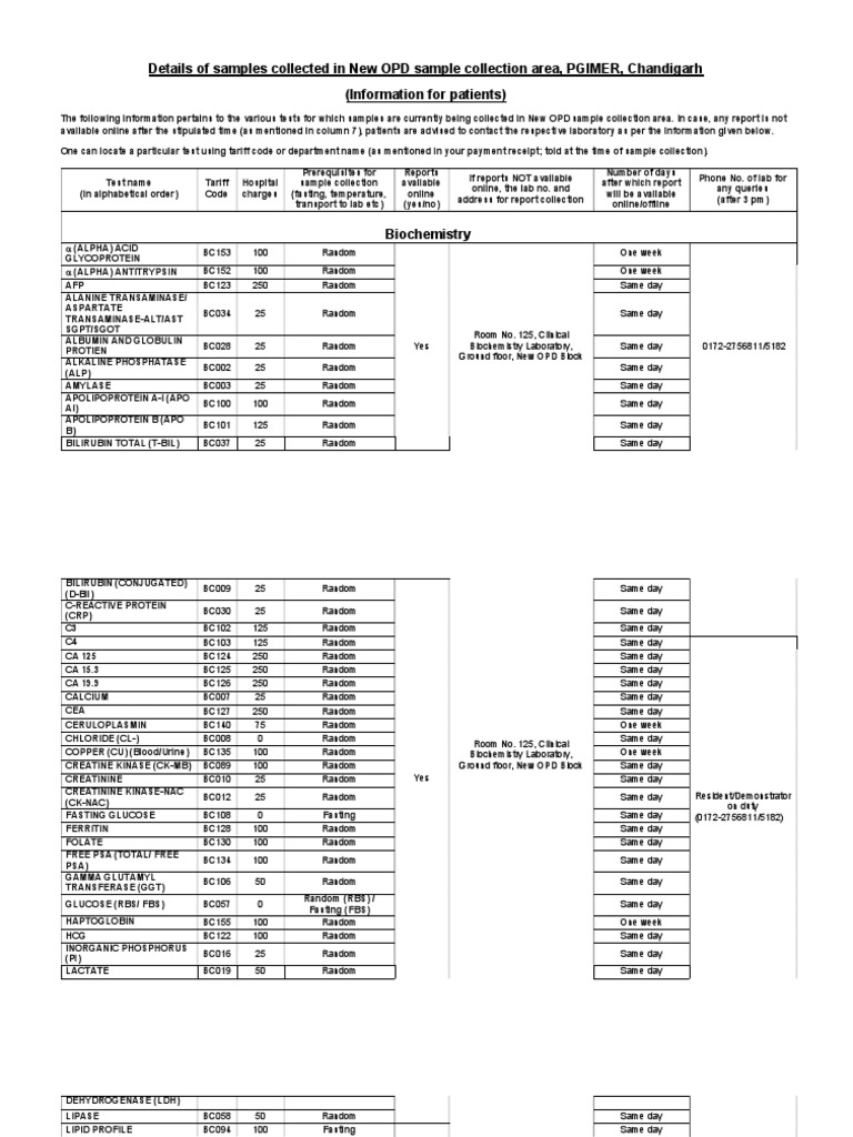 PGIMER OPD Sample Collection Details | PDF | Serology | Medical Specialties