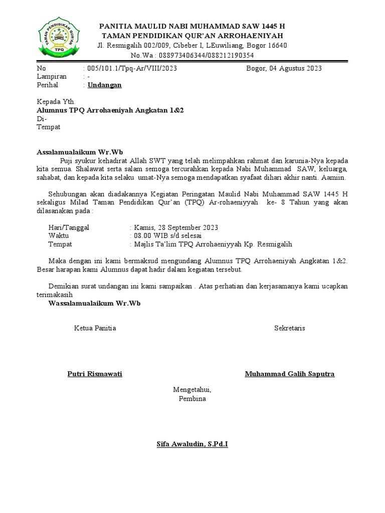 Undangan Maulid Nabi 1445 H TPQ Arrohaeniyah | PDF