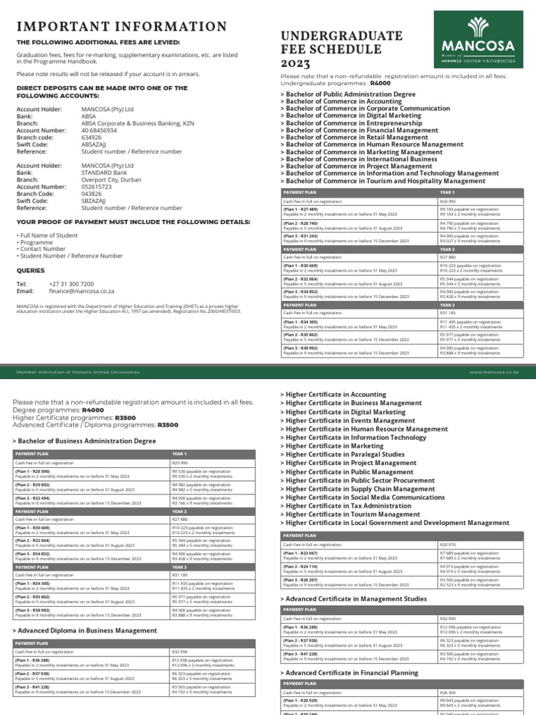 Mancosa Undergraduate Fee 2023 | PDF | Banks | Business
