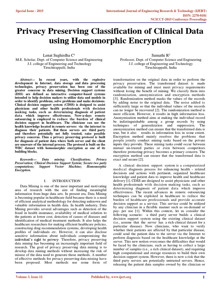 Privacy Preserving Classification of Clinical Data Using Homomorphic ... Privacy Preserving Classification of Clinical Data Using Homomorphic ...