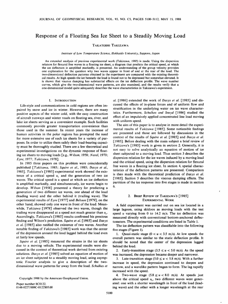 Takizawa - 1988 - Response of A Floating Sea Ice Sheet To A Steadily ... Takizawa - 1988 - Response of A Floating Sea Ice Sheet To A Steadily ...