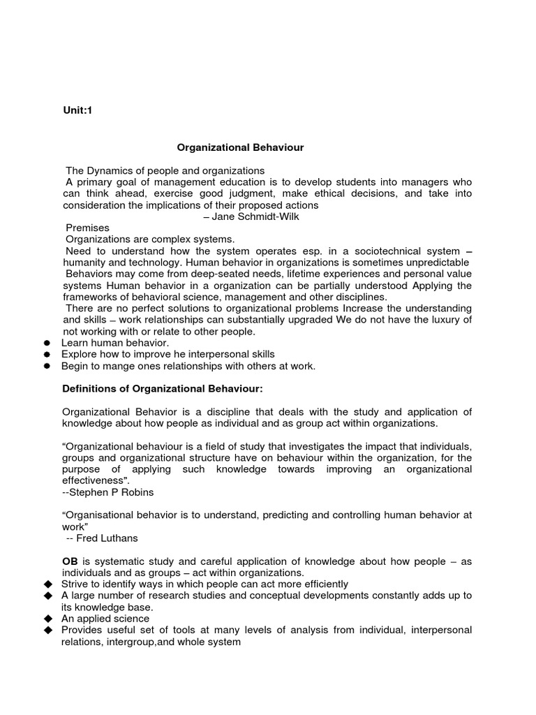 Organizational Behaviour - Unit 1 Notes | PDF | Organizational Behavior ...