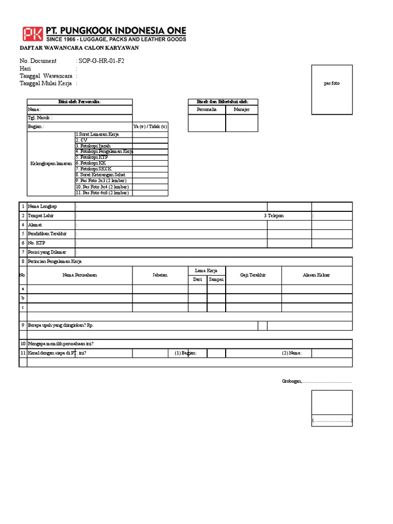 SOP-G-HR-01-F2 Form Daftar Wawancara Calon Karyawan Rev01 | PDF