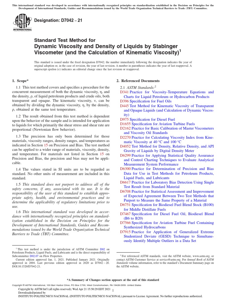 Dynamic Viscosity and Density of Liquids by Stabinger Viscometer (And The Calculation of ...