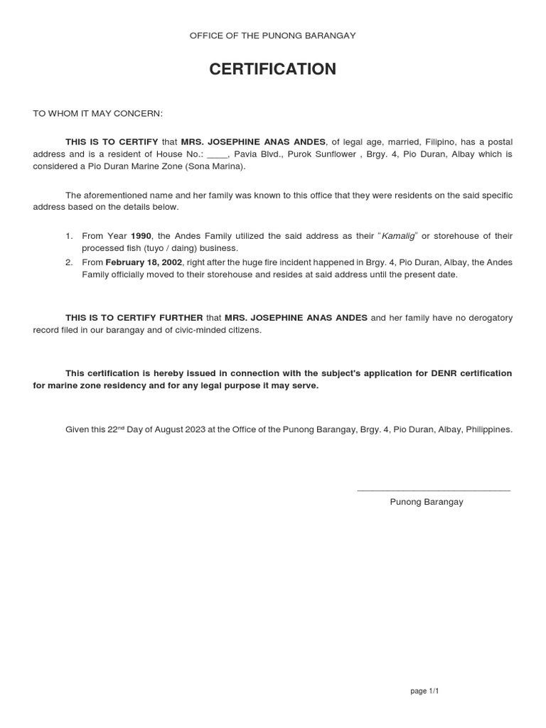 Brgy Resident Certificate | PDF