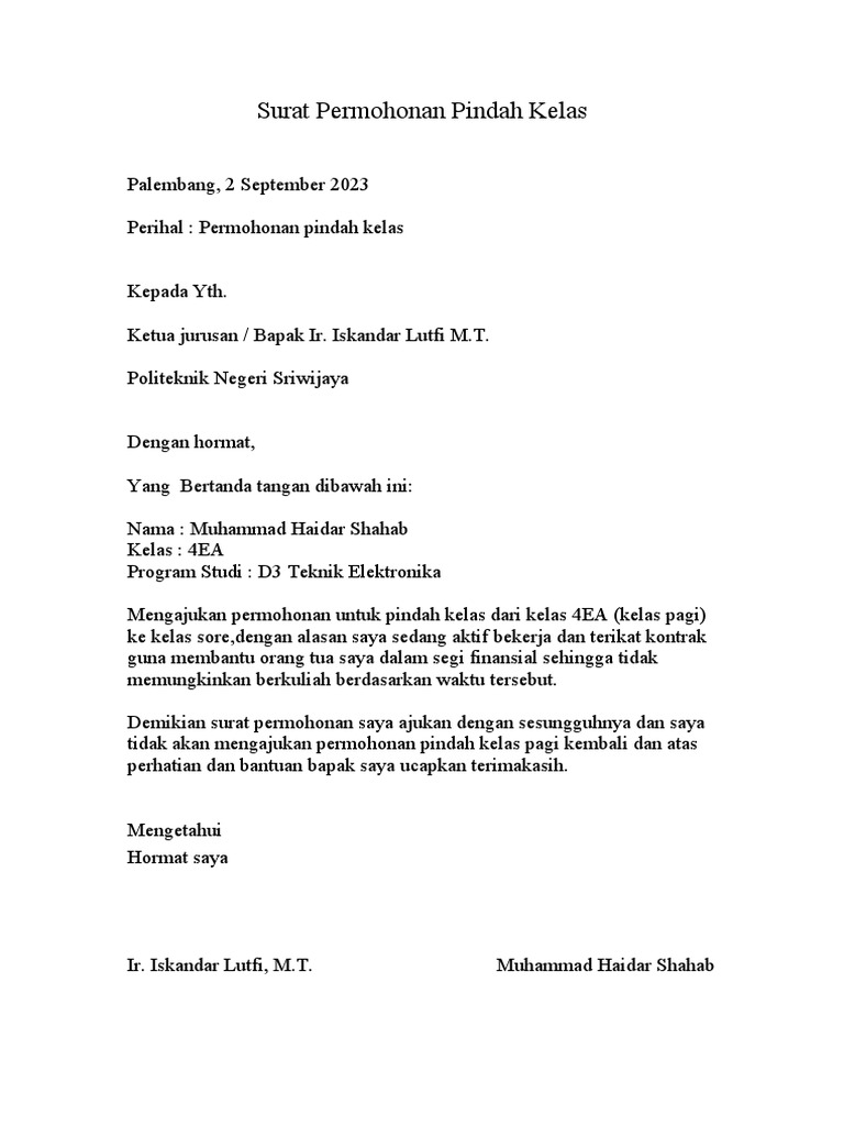 Surat Pindah Kelas | PDF