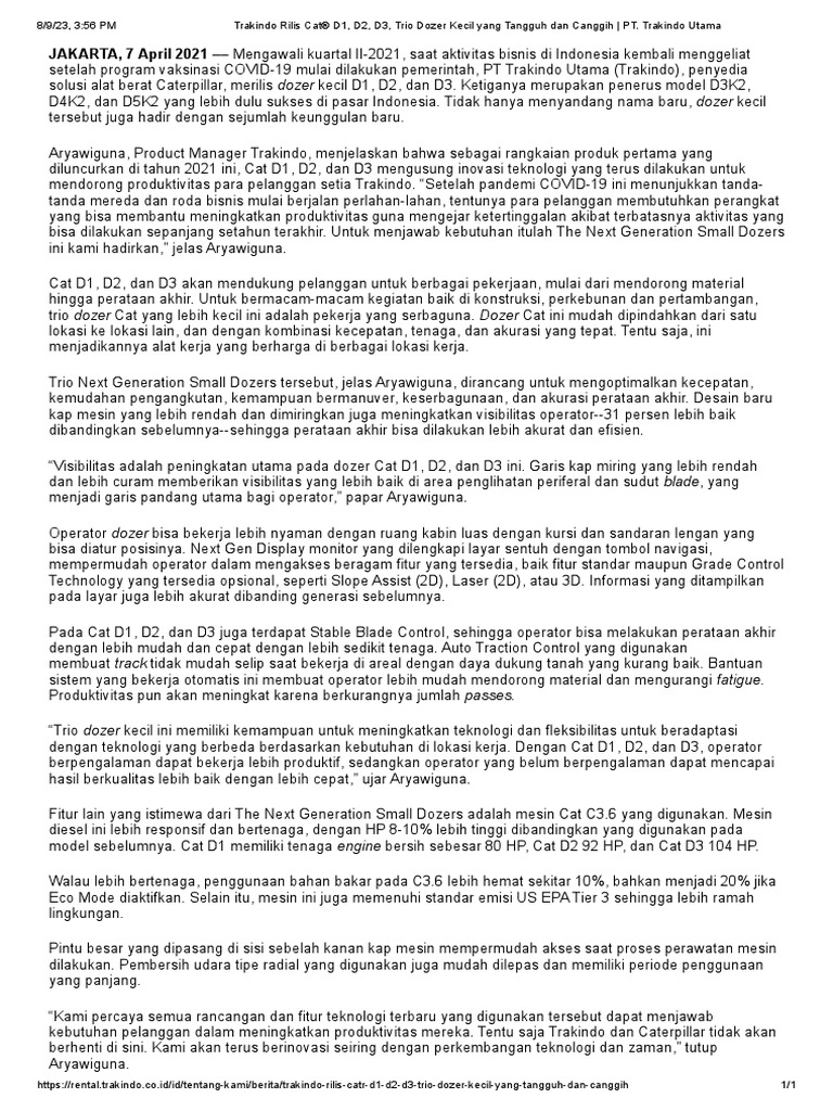 Trakindo Rilis Cat® D1, D2, D3, Trio Dozer Kecil Yang Tangguh Dan Canggih - PT. Trakindo Utama | PDF