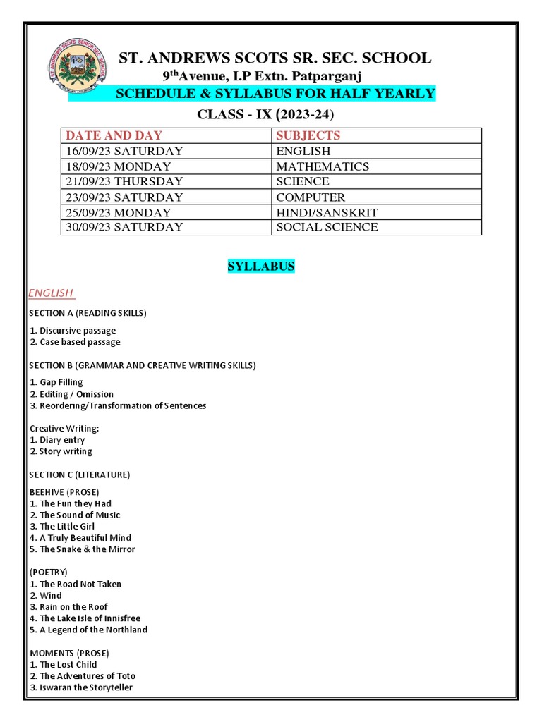 Half Yearly Syllabus Class 9 | PDF | Mathematics | Science