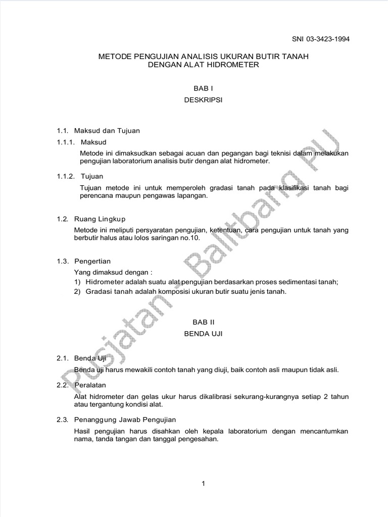 Dokumen - Tips Sni 03 3423 1994 Grainsize Analysis Hydrometer | PDF