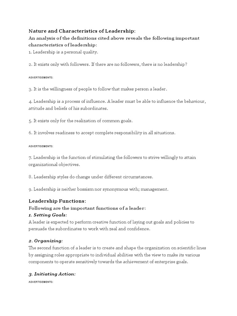 Nature and Characteristics of Leadership | PDF | Leadership | Motivational