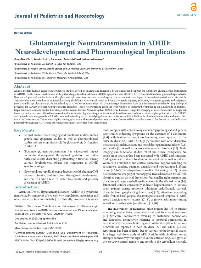 Glutamatergic Neurotransmission in Adhd Neurodevelopment and Pharmacological Implications 505 ...