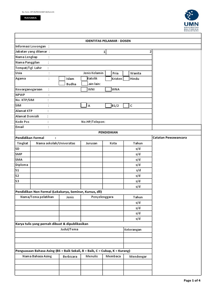 Formulir Identitas Pelamar UMN Dosen Rev.03 | PDF