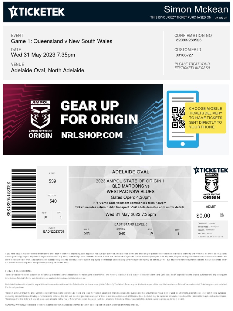 Tickets State of Origin | Download Free PDF | Service Industries ...